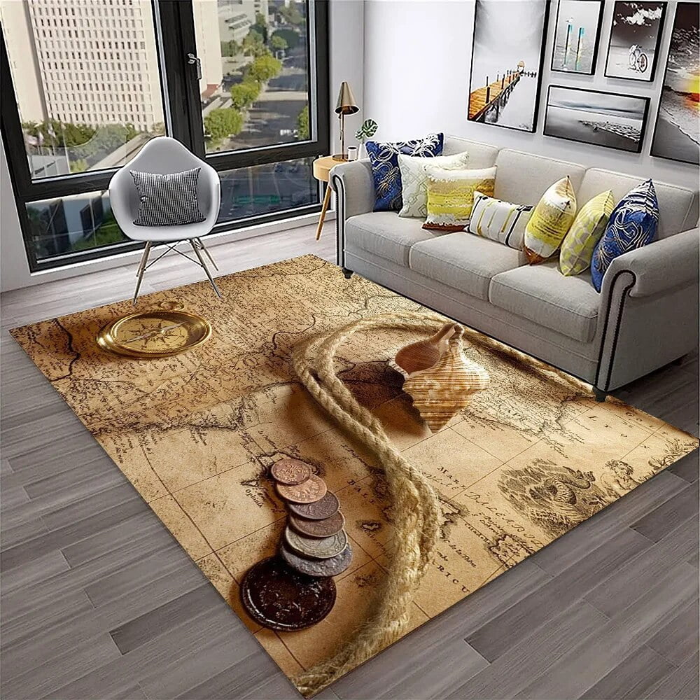 Large Carpet Retro Compass Navigation Map Carpet Rug for Home Living ...