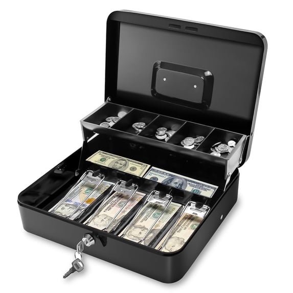 OUTGOO Large Cash Box with Lock, Money Tray, 11.8 x 9.4 x 3.5 inches ...