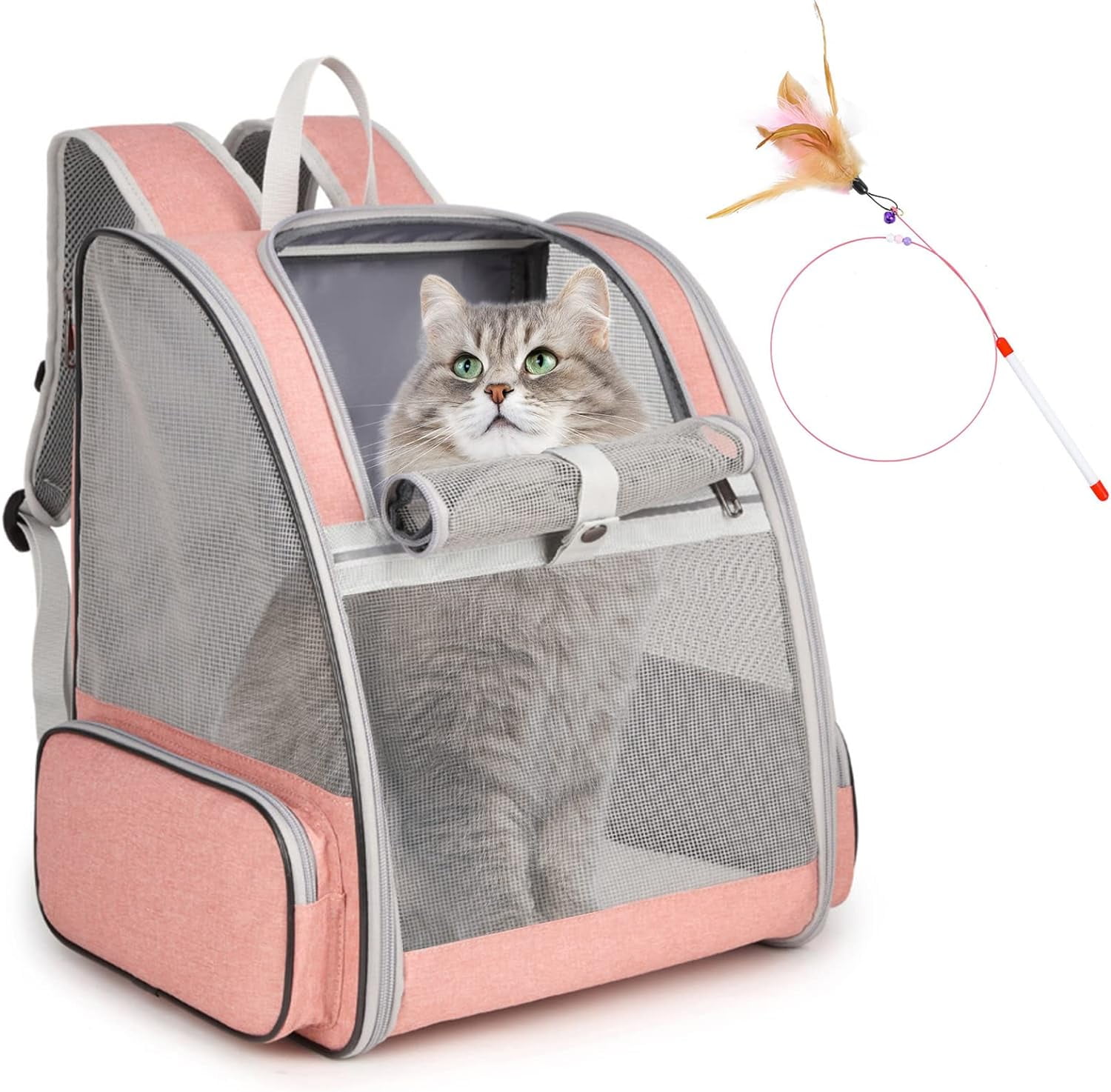 Large Cat Backpack Carrier Feather Toy Ventilated Mesh 15lbs Dog Travel ...