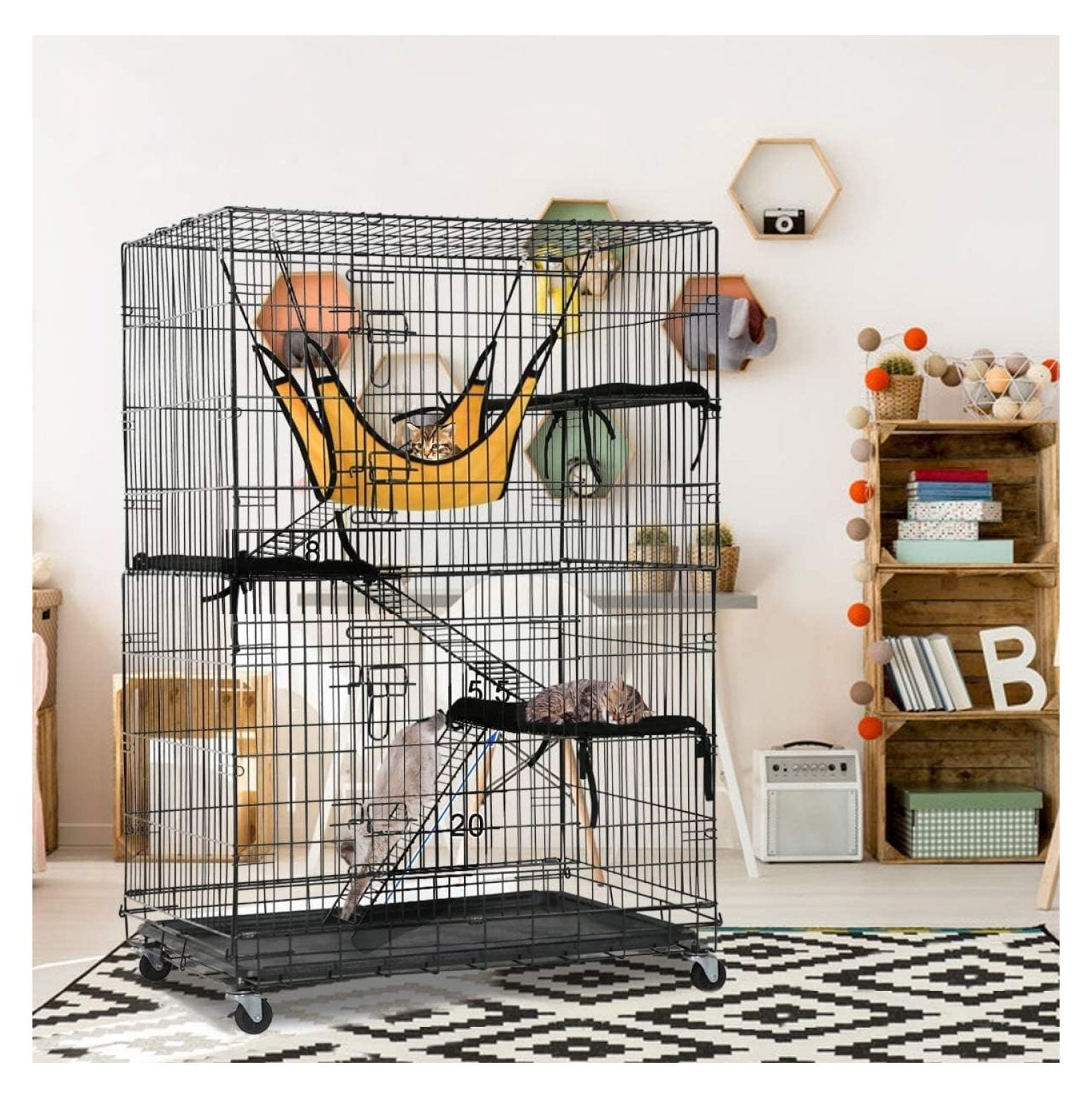 '' Large Cat Cage with Wheels, Collapsible Large 3-Tier Metal Cat Enclosure Perching Shelves Cat ...