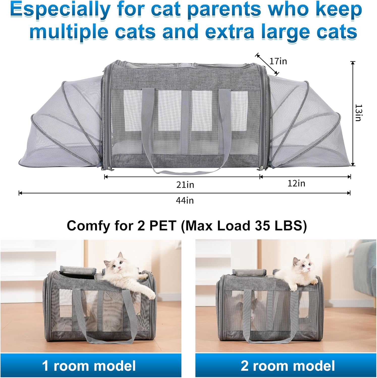 Large Cat Carrier for 2 Cats with Removable Soft Pad, Collapsible ...