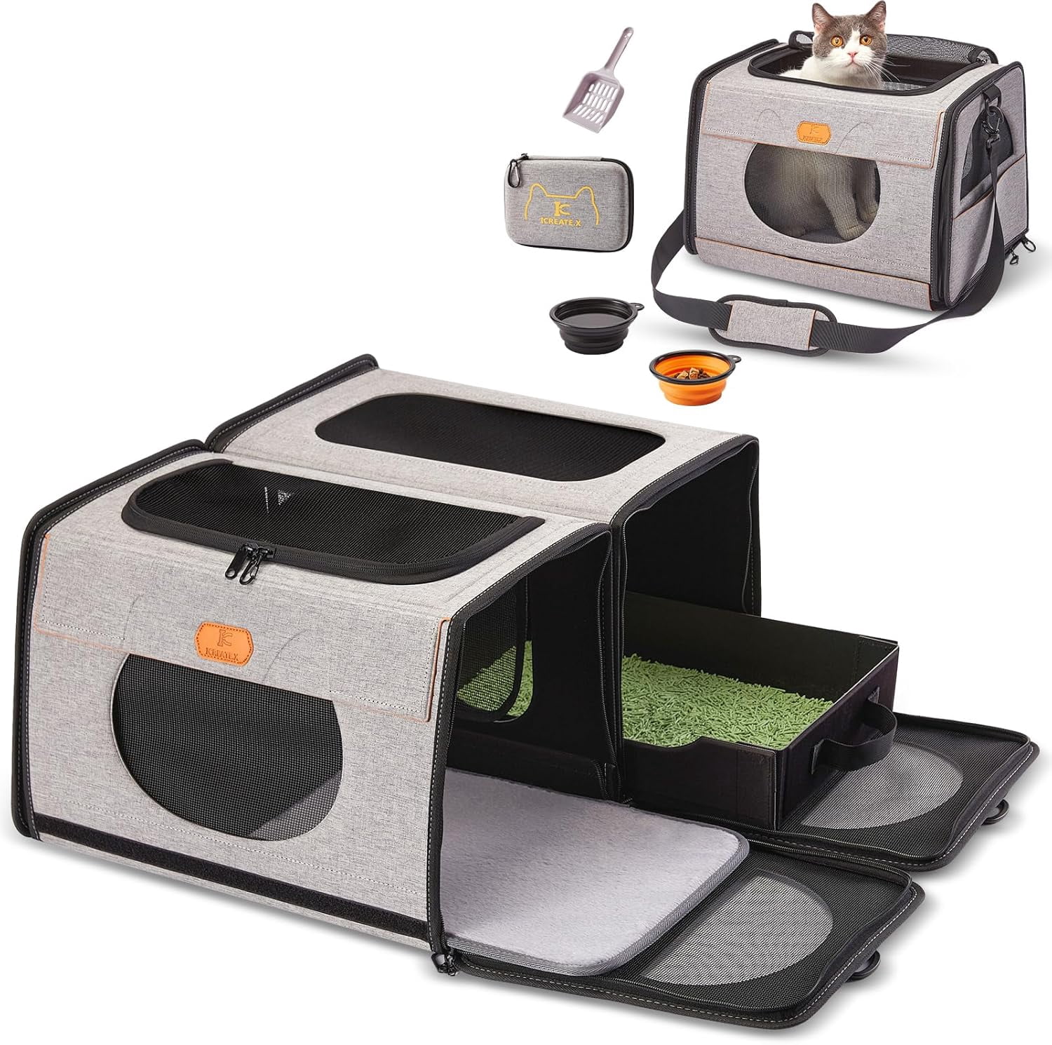 Large Cat Carrier with Litter Box for Car Travel, Pet Carrier Bag 2-in ...