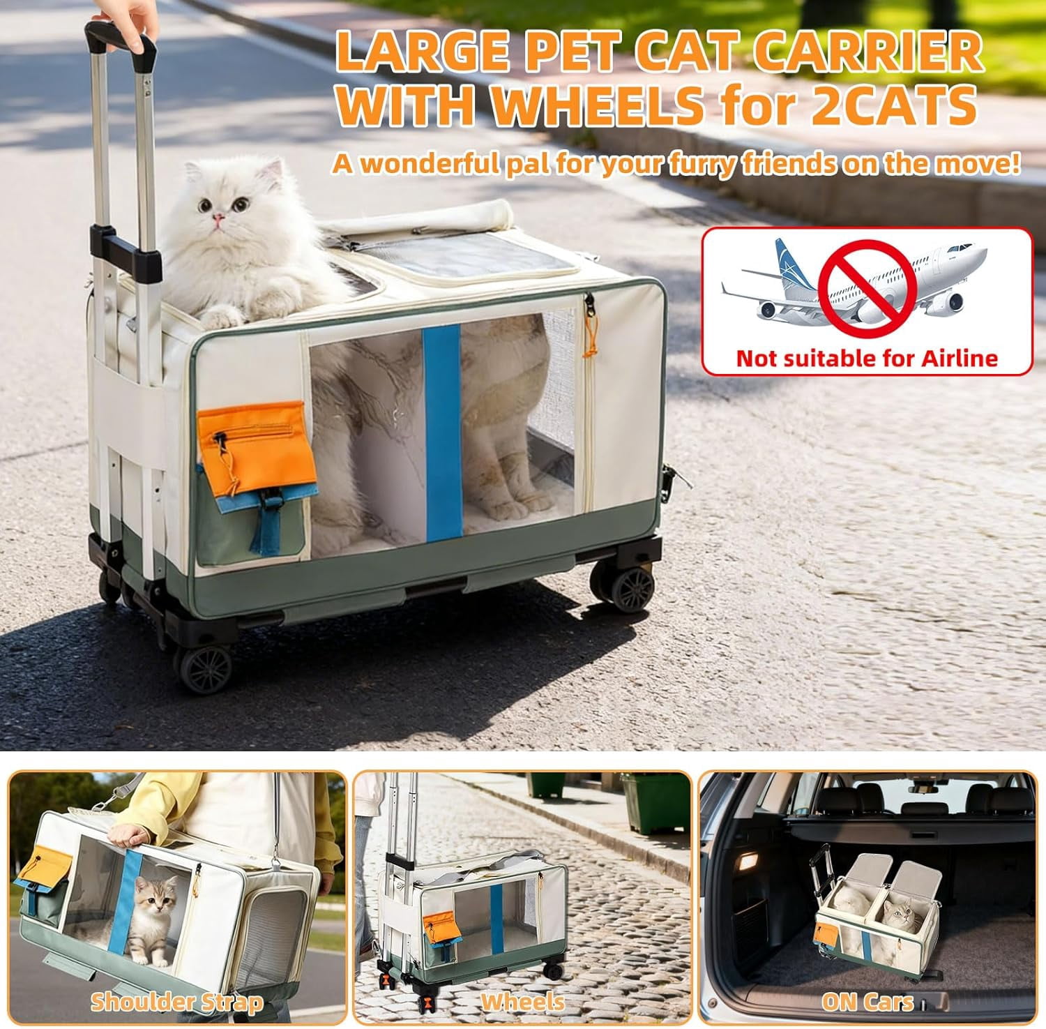 Large Cat Carrier with Wheels for 2 Cat, Double Rolling Pets Carrier on ...