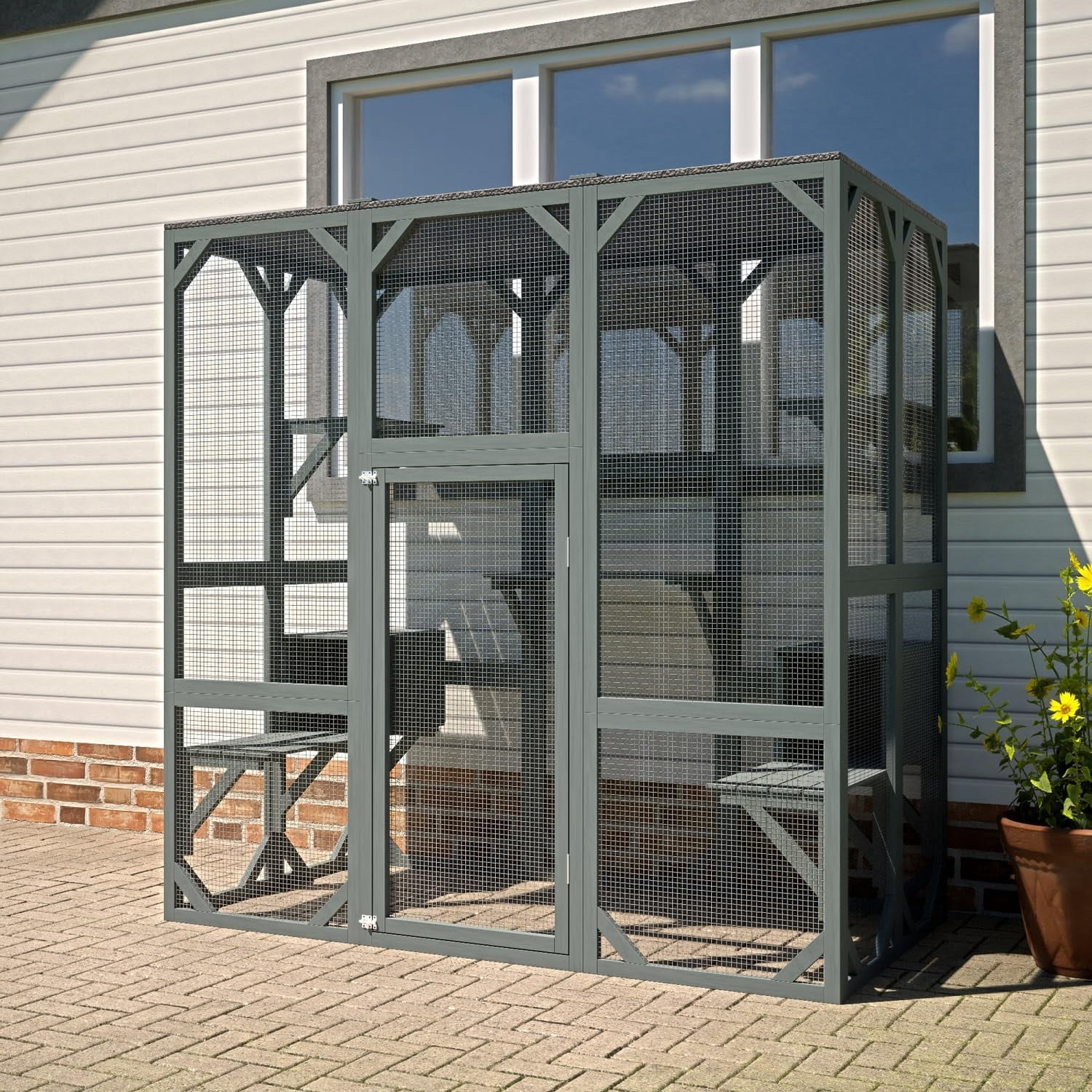 Large Cat House Outdoor Cat Enclosures, 71'' Wooden Kitty Enclosure ...