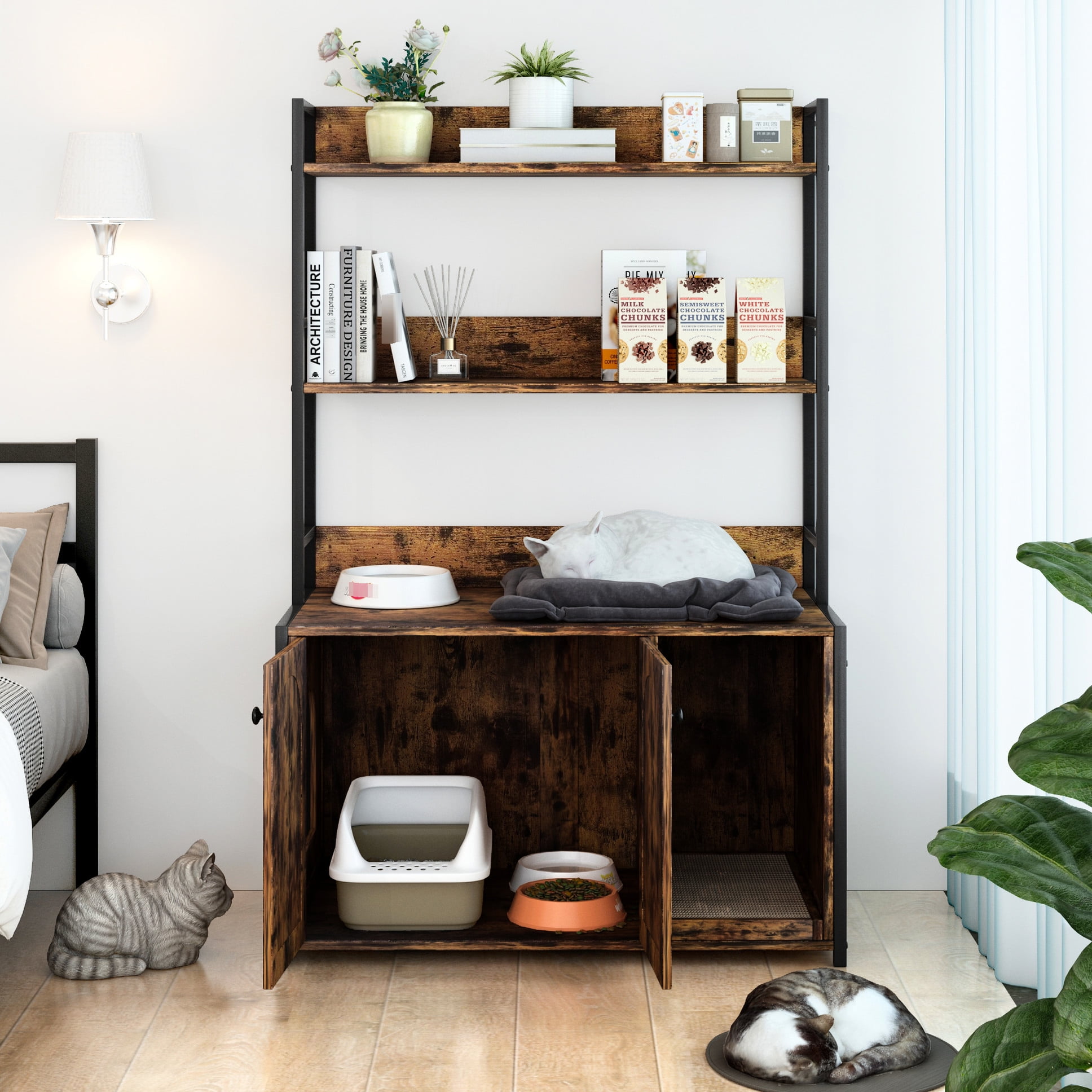 Large Cat Litter Box Enclosure With Storage Shelves And Scratch Pad ...