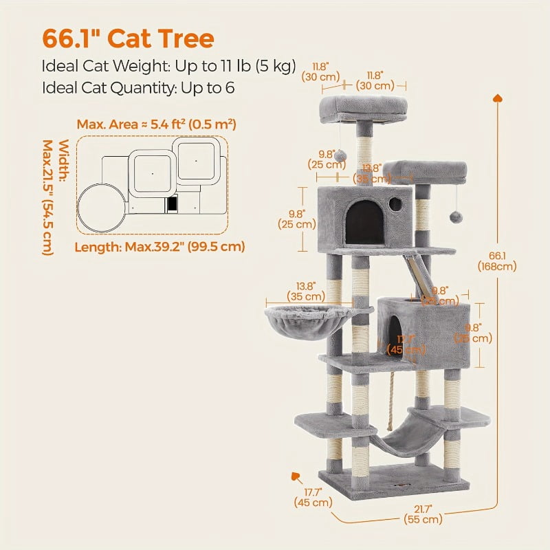 Large Cat Tower with 13 Scratching Posts, 2 Perches, 2 Caves, Stable ...