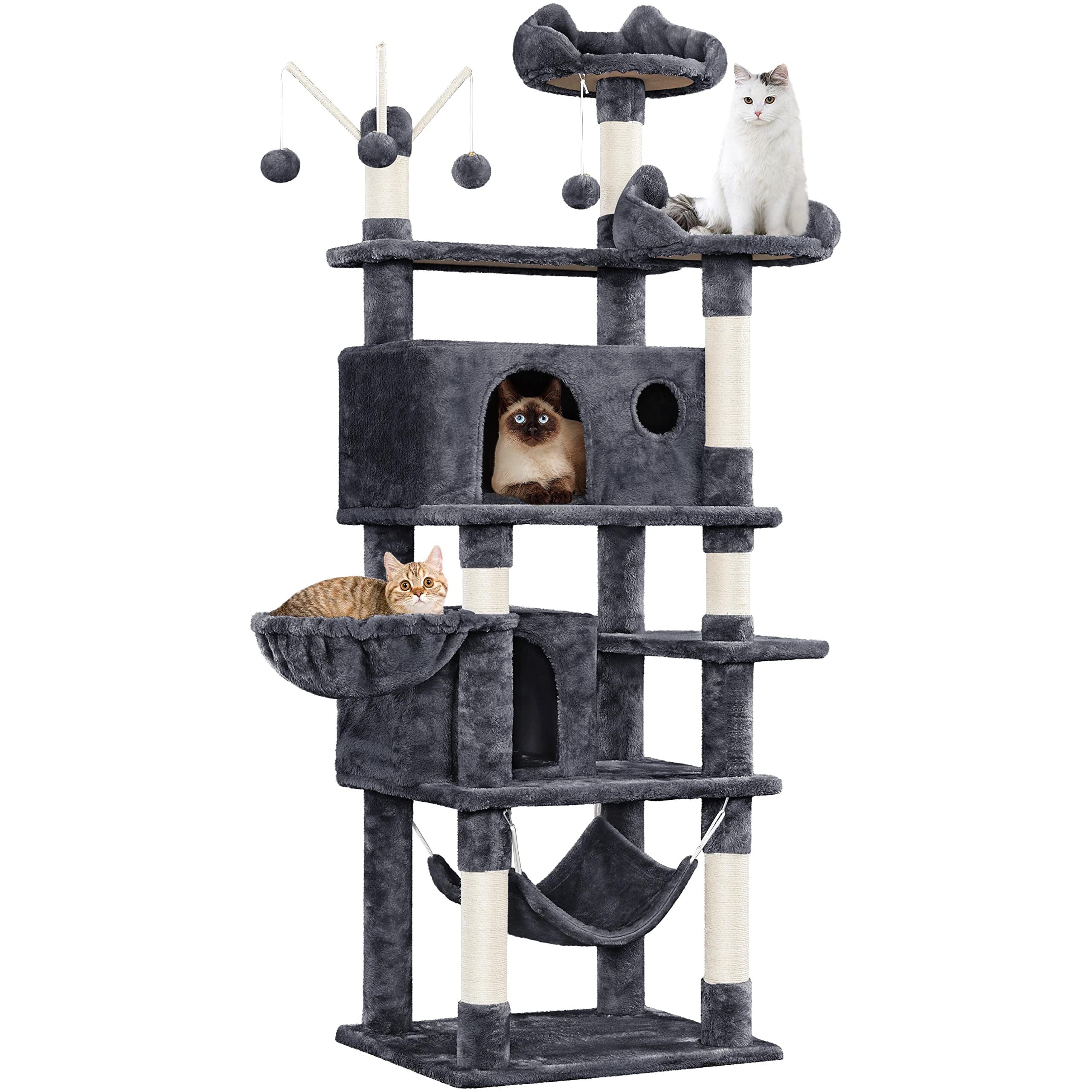 Large Cat Tower with Removable Toys, 2 Cozy Condos, Hammock, Basket ...