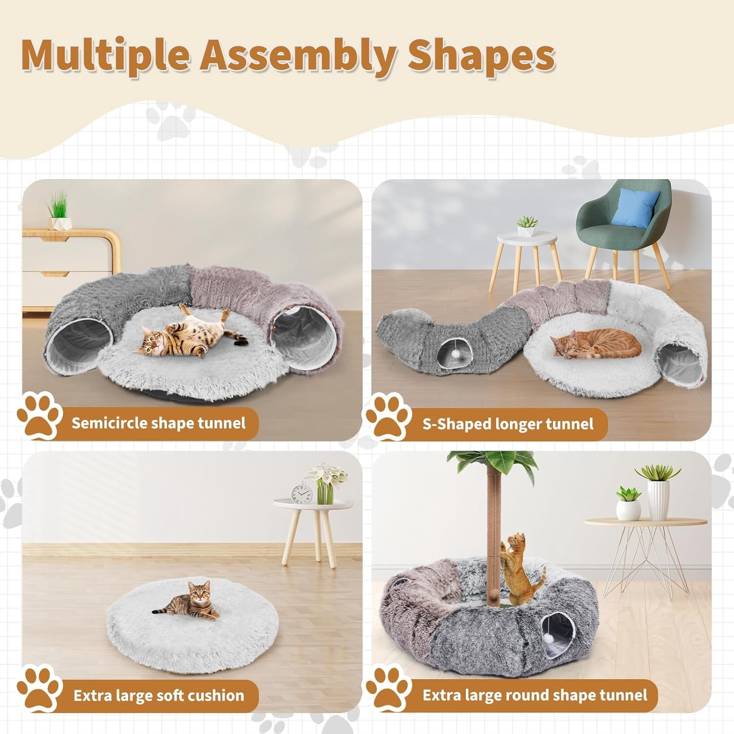 Large Cat Tunnel and Fluffy Bed - Indoor Detachable Cave With 20 Toys ...