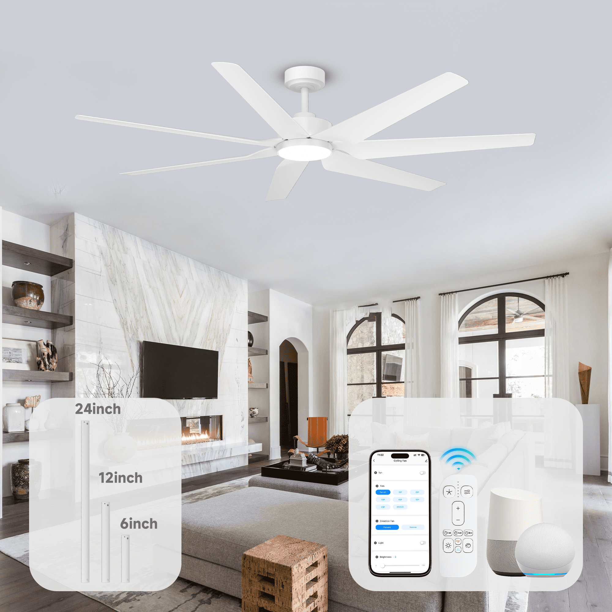 Large Ceiling Fan with Light and Remote, 64" Smart Ceiling Fan with ...