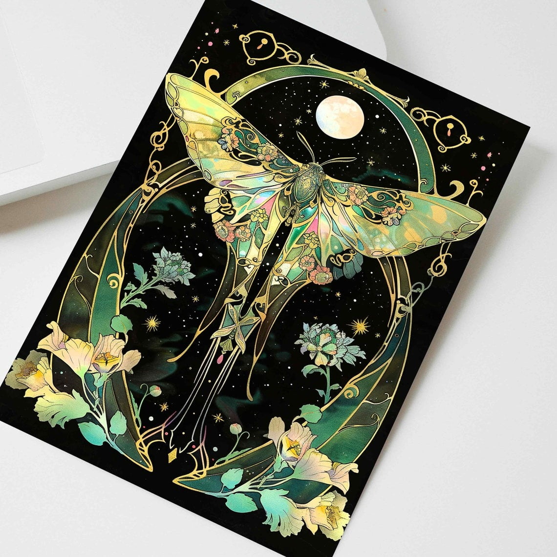 Large Celestial Moon Moth Art Nouveau Stationary, Tarot Card Goth ...