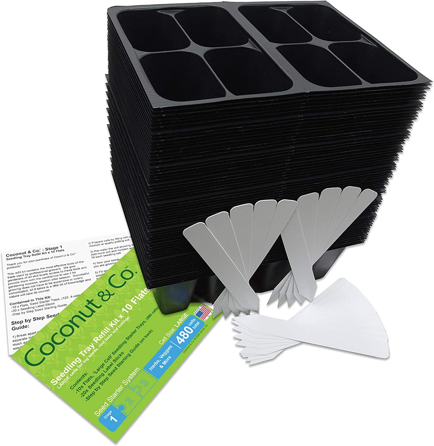 Large Cells, Seed Starter Trays, 10 Flats (480 Cells), 20 Plant Labels ...