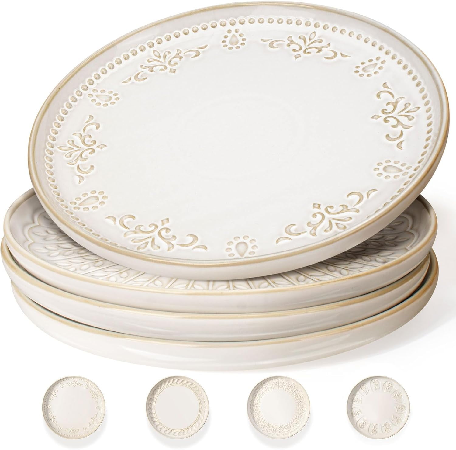 Large Ceramic Dinner Plates Set Of 4, 10.75 Inch Embossed Kitchen Salad ...