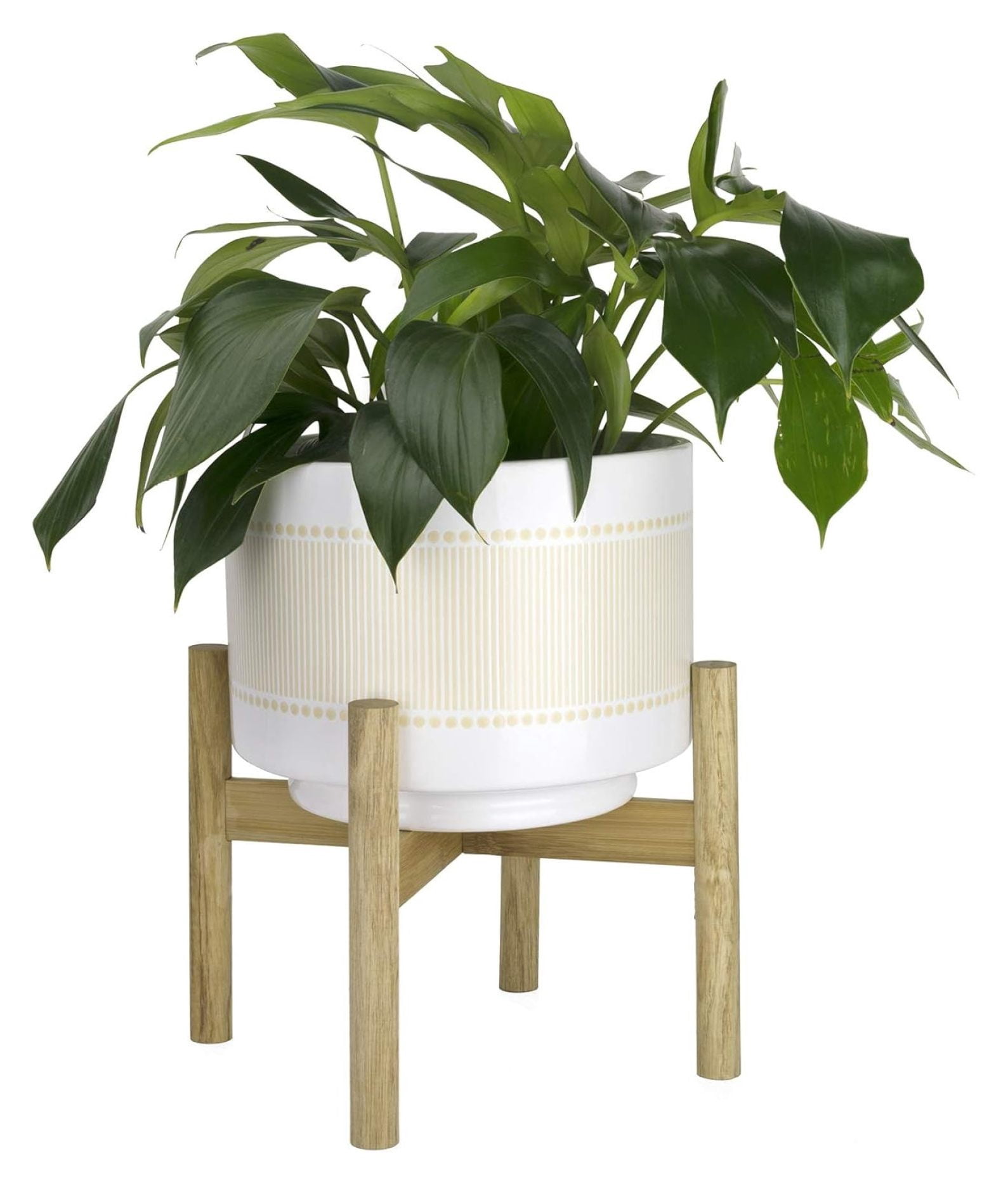 Large Ceramic Planter with Wood Stand - 10 Inch Boho Dot-Line Pattern ...