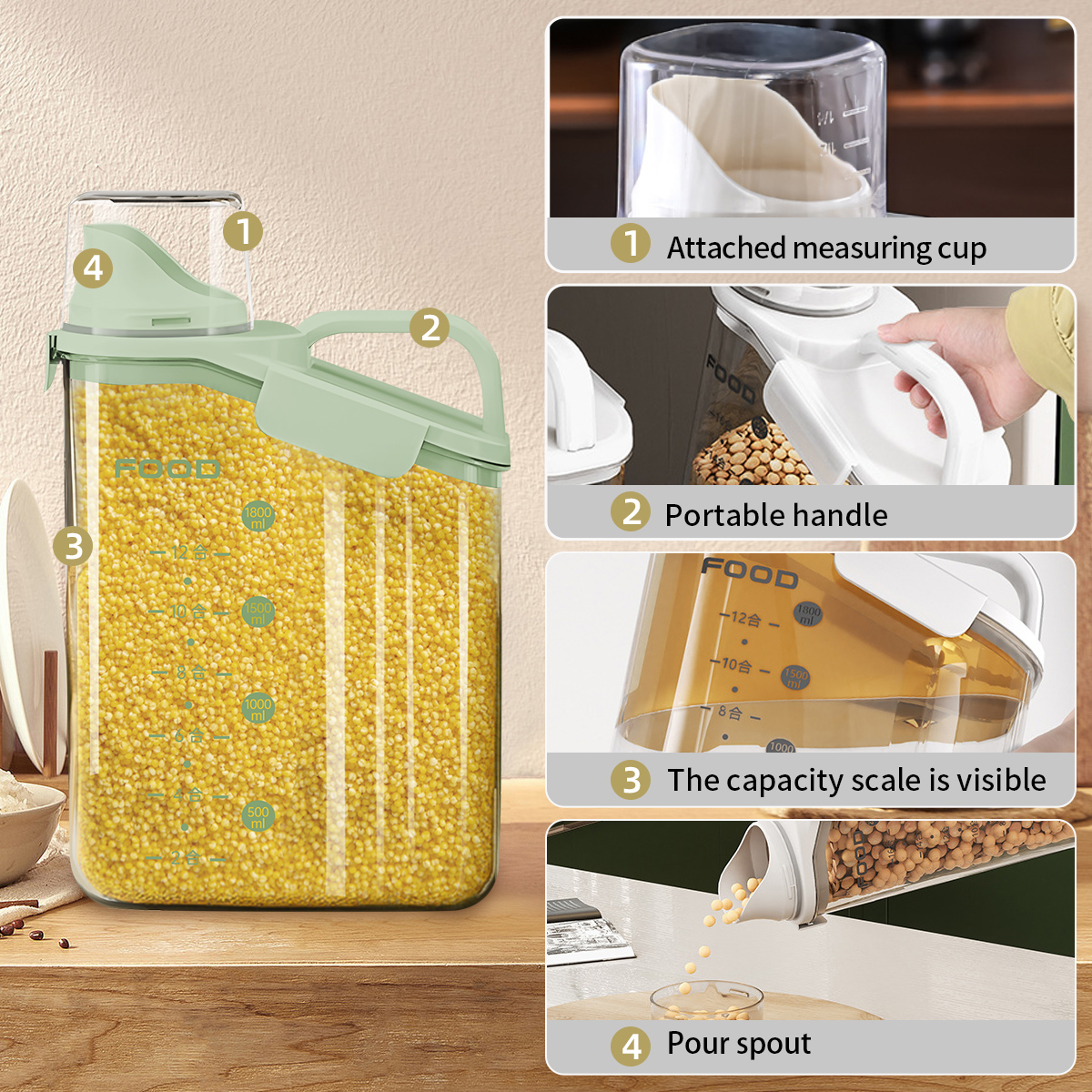 Large Cereal Containers Storage Set, Dispenser Approx.1.8L Fits Full ...