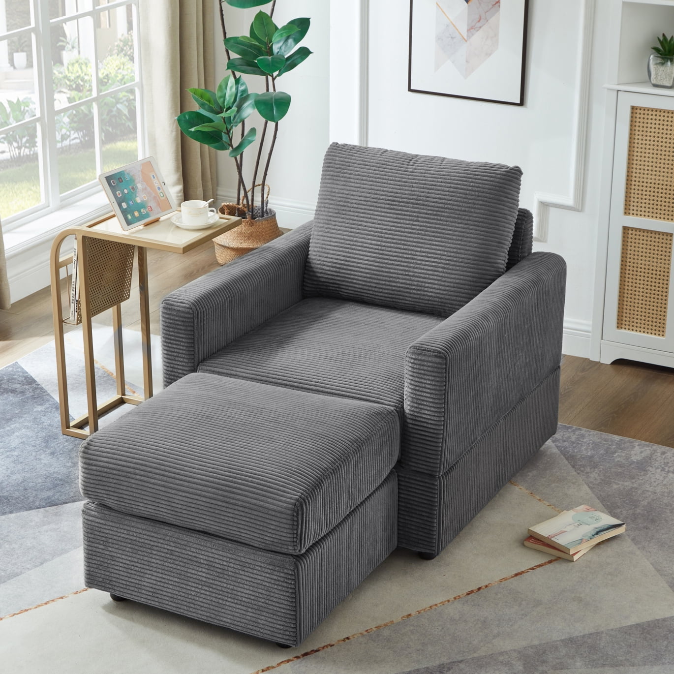 Large Chaise Lounge Chair Indoor with Ottoman, 32" W Corduroy ...
