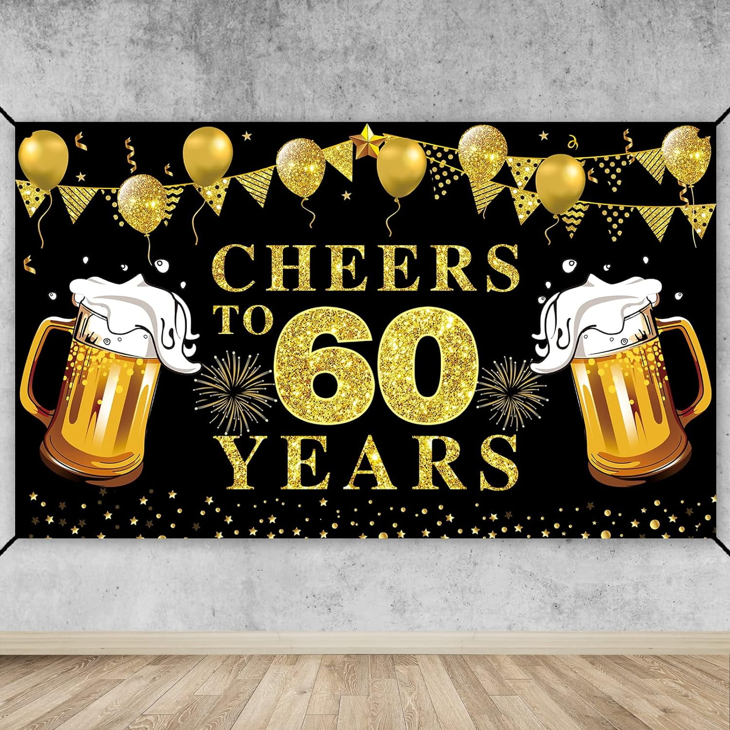 Large Cheers to 60 Years Banner Backdrop, Black Gold Happy 60th Birthday Decorations, 60 ...