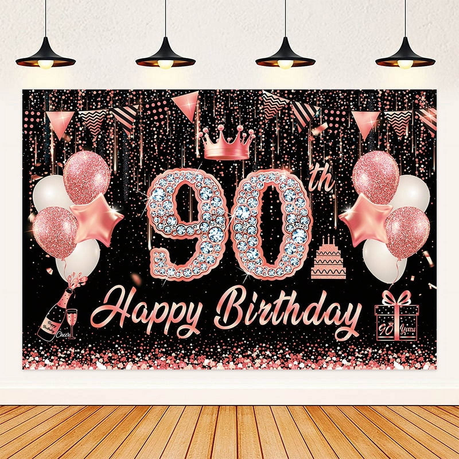 Large Cheers to 90 Years Birthday Decorations for Women, Pink Rose Gold ...