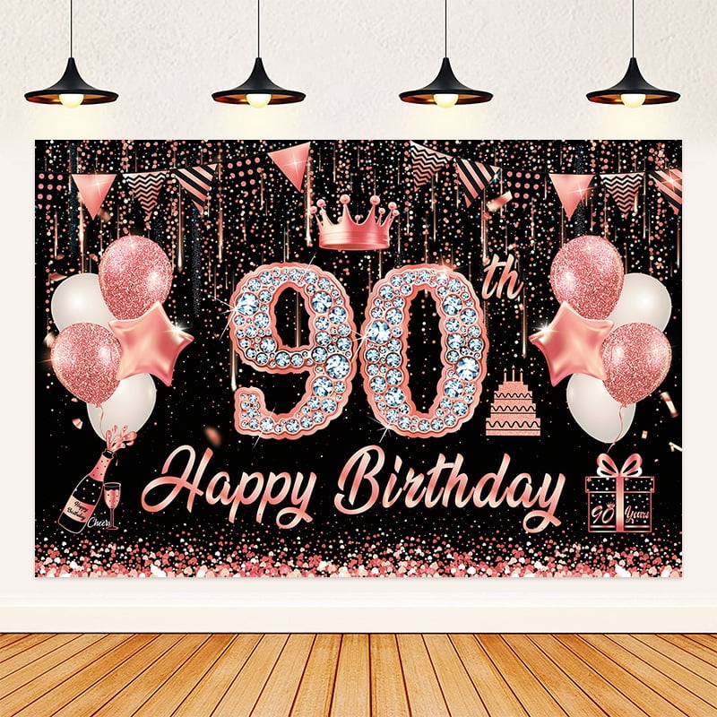 Large Cheers to 90 Years Birthday Decorations for Women, Pink Rose Gold ...