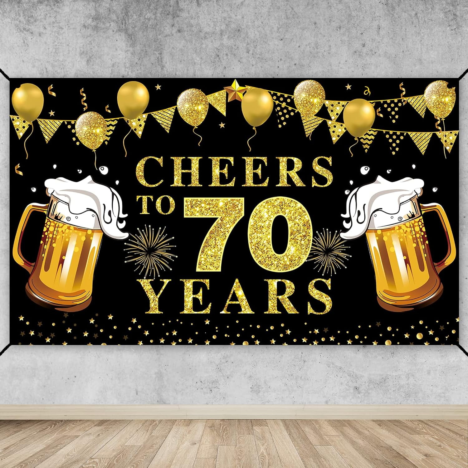 Large Cheers to 70 Years Banner Party Supplies, Black Gold Happy 70th ...