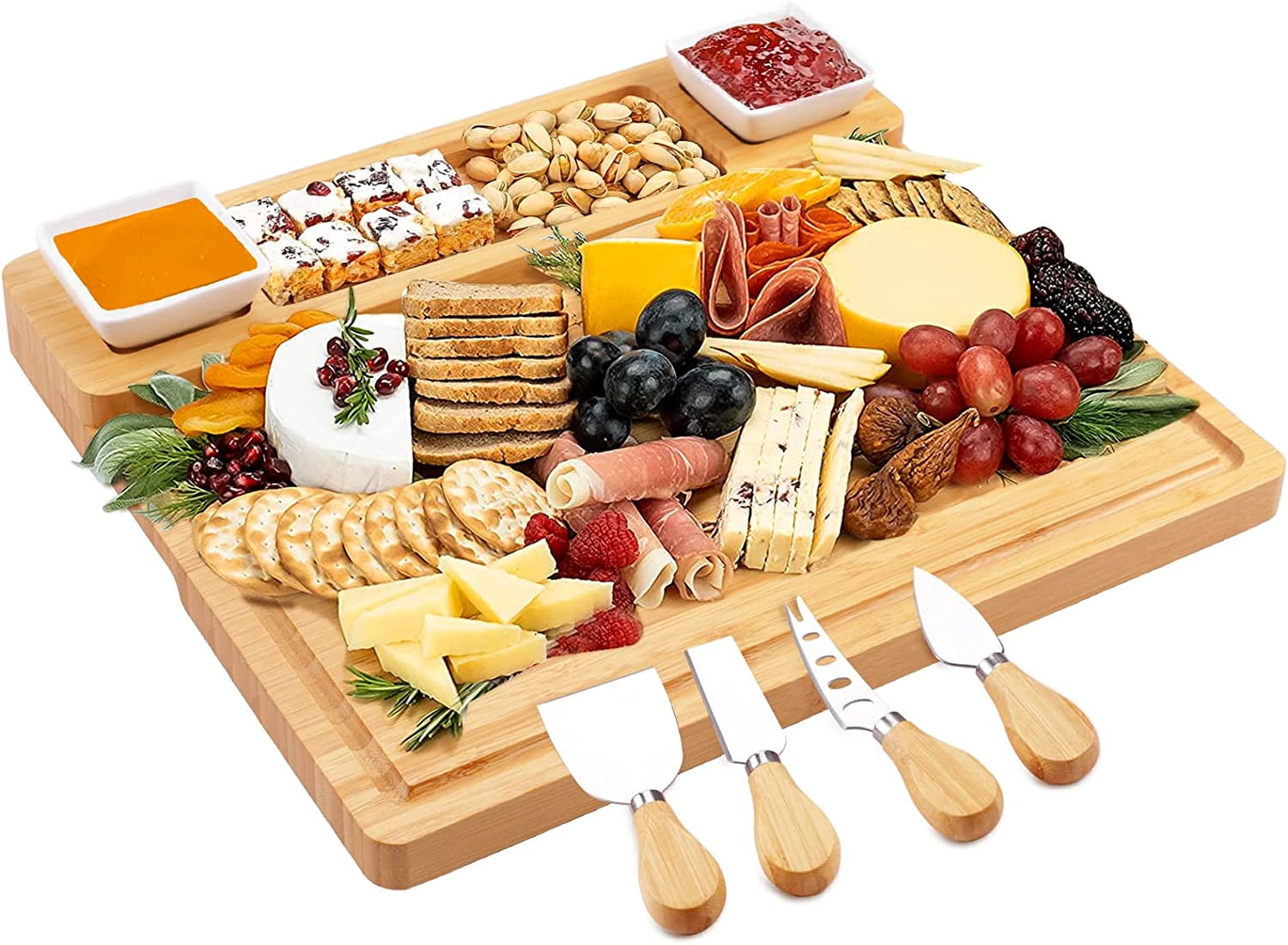 Large /Cheese Boards and Knife Set - Bamboo Wine Meat Cheese Tray ...