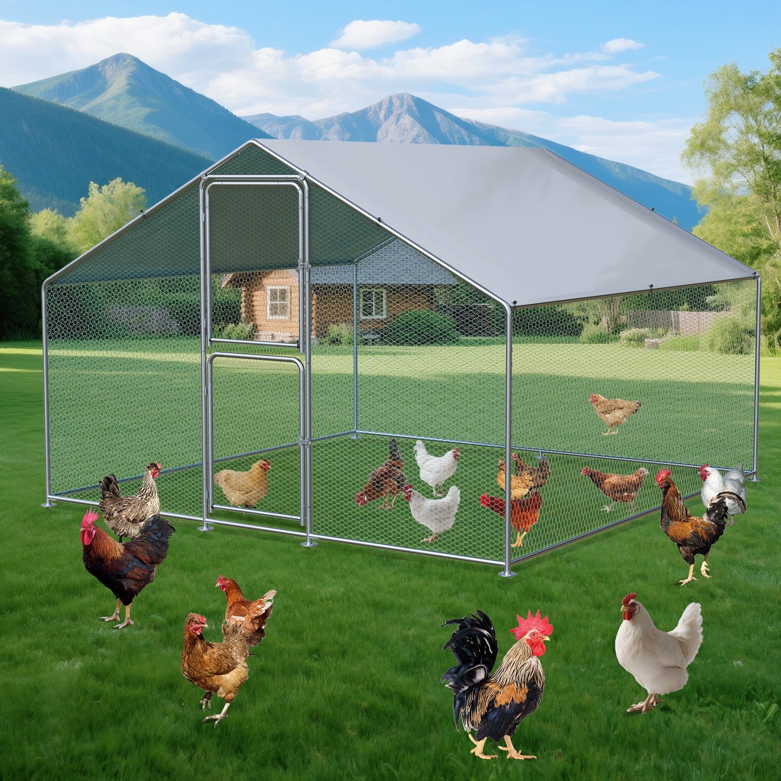Large Chicken Coop, Chicken Run Metal with Waterproof Cover and Anti ...