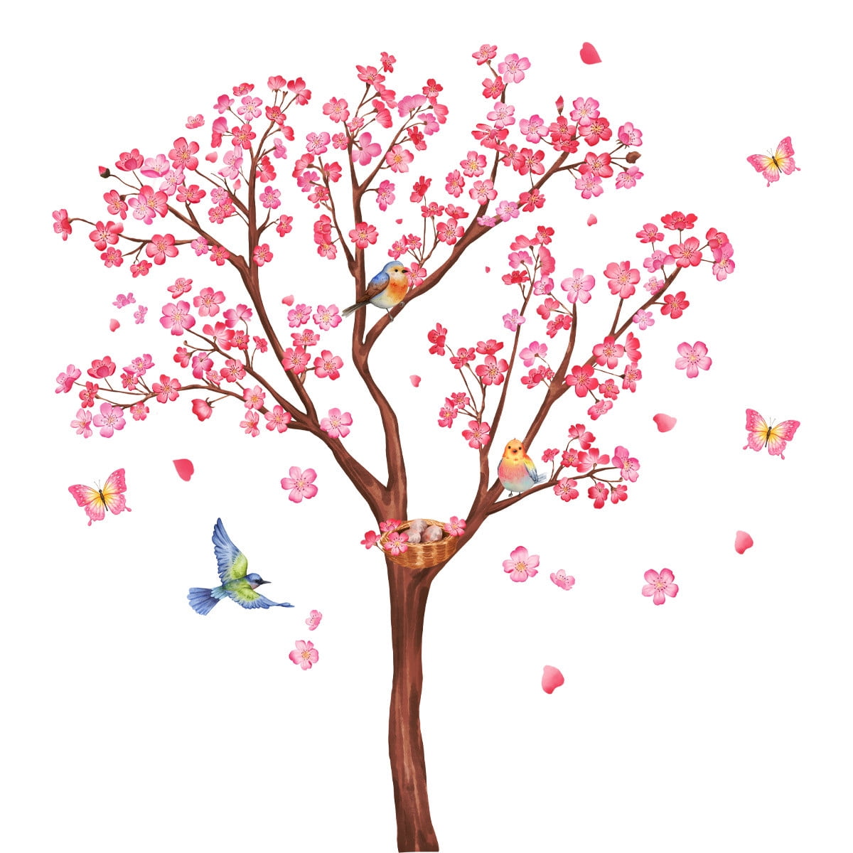 Large Chinese Style Pink Flowers Wall Stickers with Flying Birds Wall ...