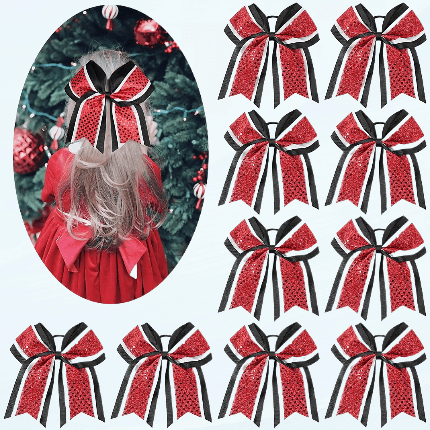 Large Christmas Glitter Cheer Bows Girls Red Black Ponytail Holders 7 ...