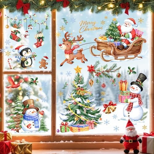 Large Christmas Window Clings Christmas Tree Santa Claus Reindeer ...