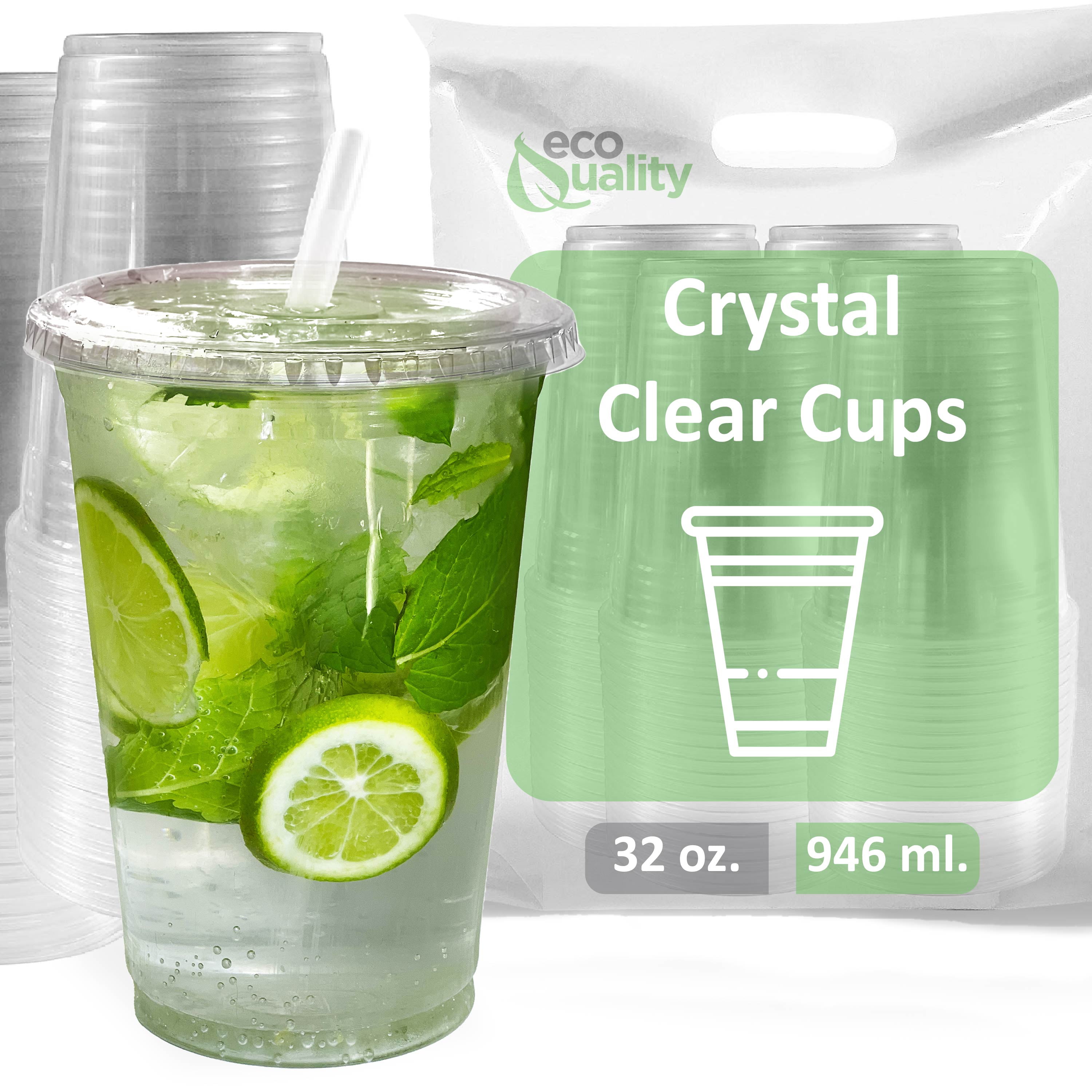 EcoQuality Plastic Cups with Lids and Straws, 32 oz Clear Disposable ...