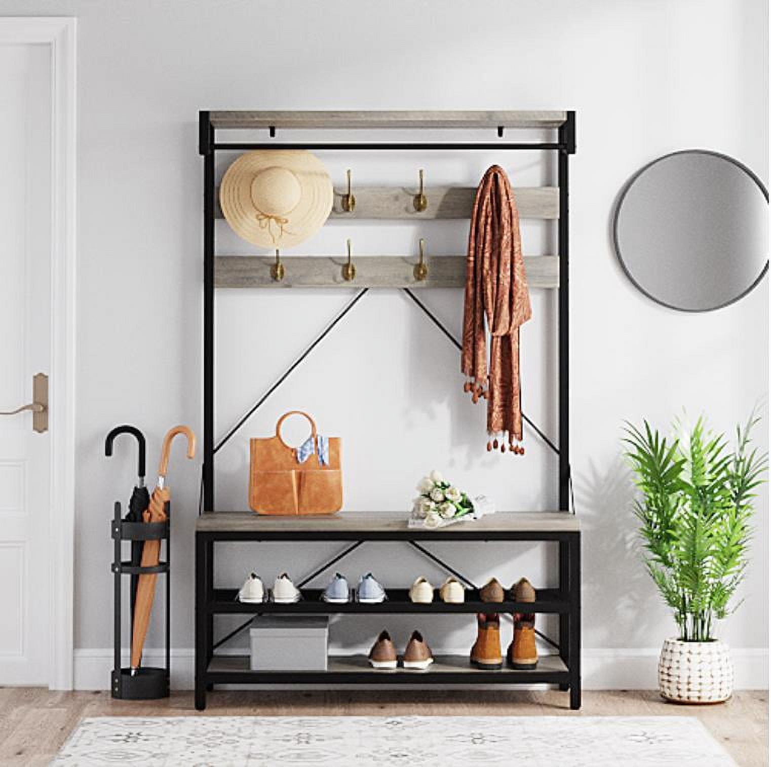 Large Coat Rack Shoe Bench Industrial Hall Tree Storage Bench for ...