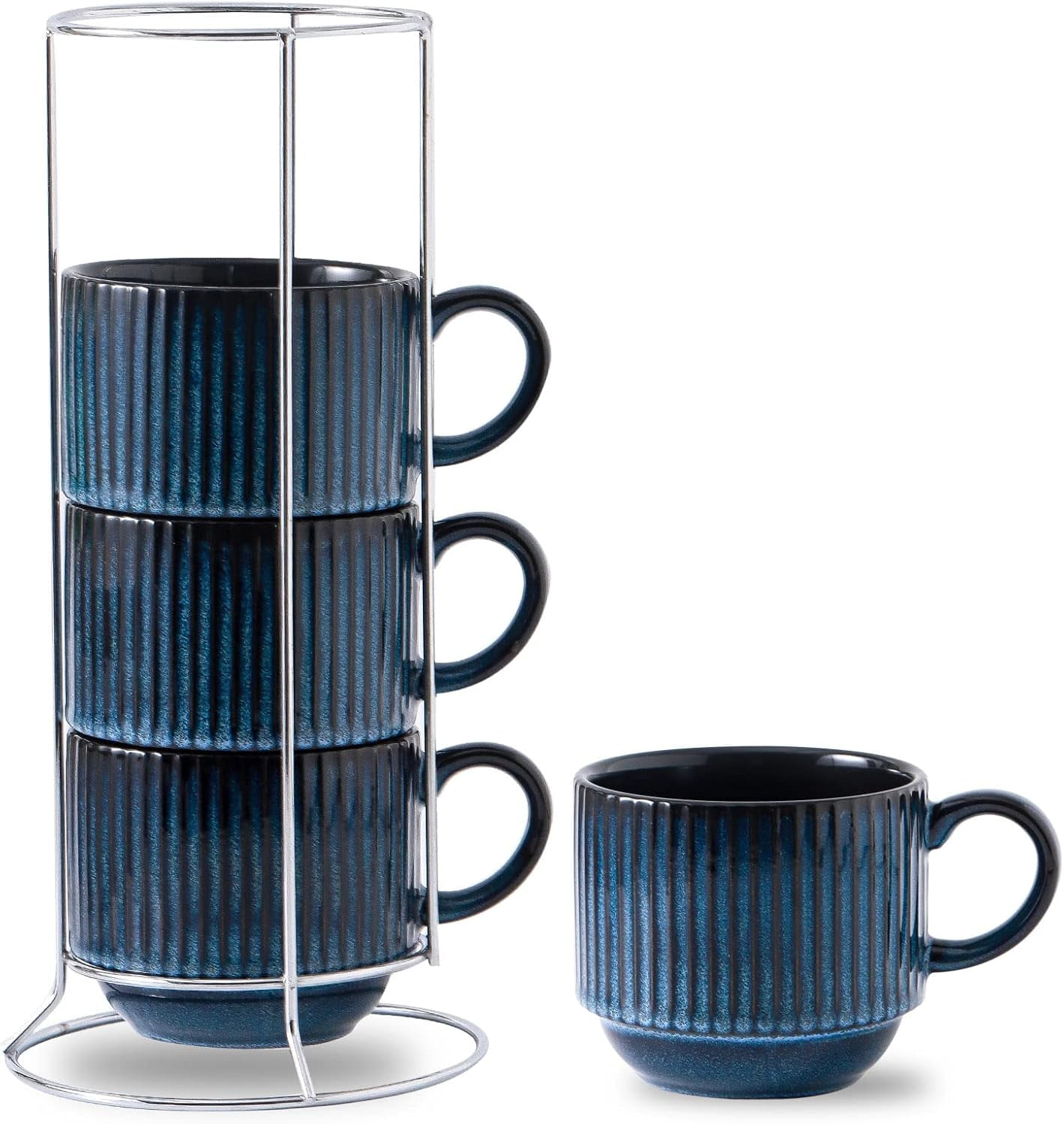 Large Coffee Mug Set of 4 with Holder - 15 Oz Stackable Ceramic Ribbed ...