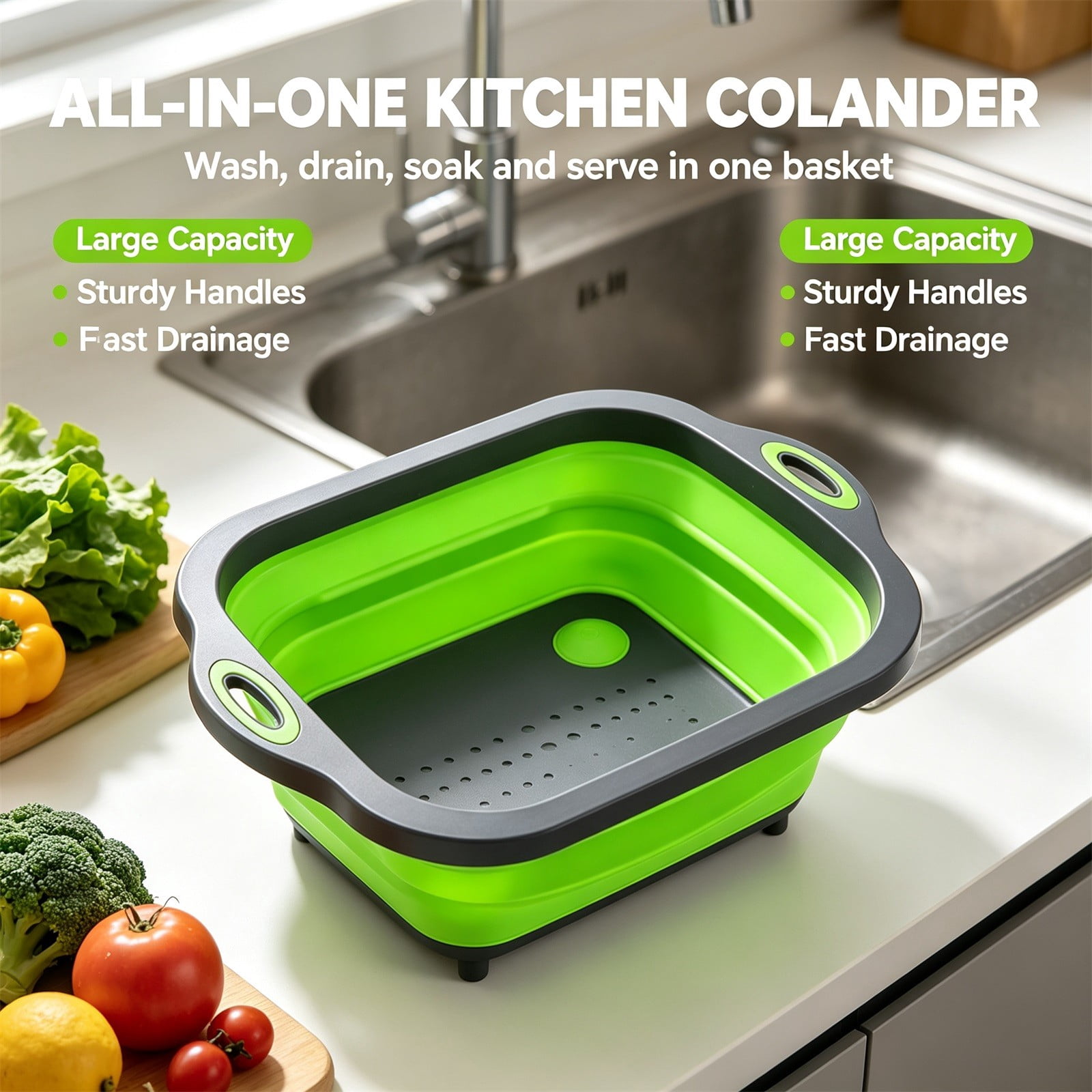 Large Collapsible Colander Basket, Foldable Kitchen Sink Strainer for ...