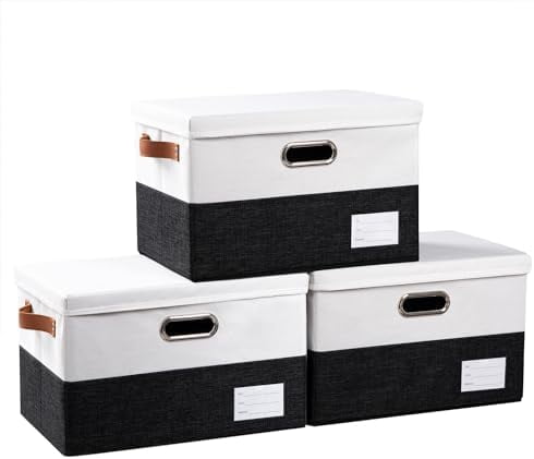 Large Collapsible Storage Bins with Lids [3-Pack] Linen Fabric Foldable ...