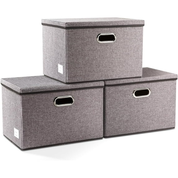Large Collapsible Storage Bins with Lids [3-Pack] Linen Fabric Foldable ...