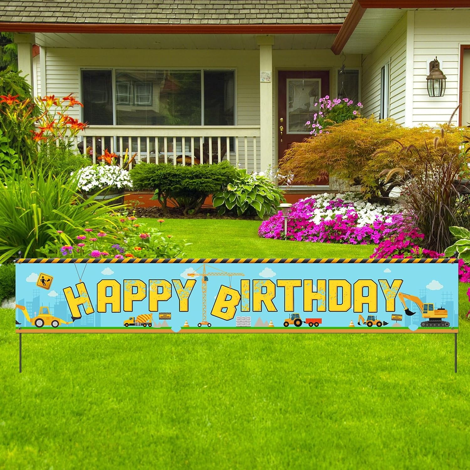 Large Construction Vehicle Happy Birthday Banner Dump Truck Excavator ...
