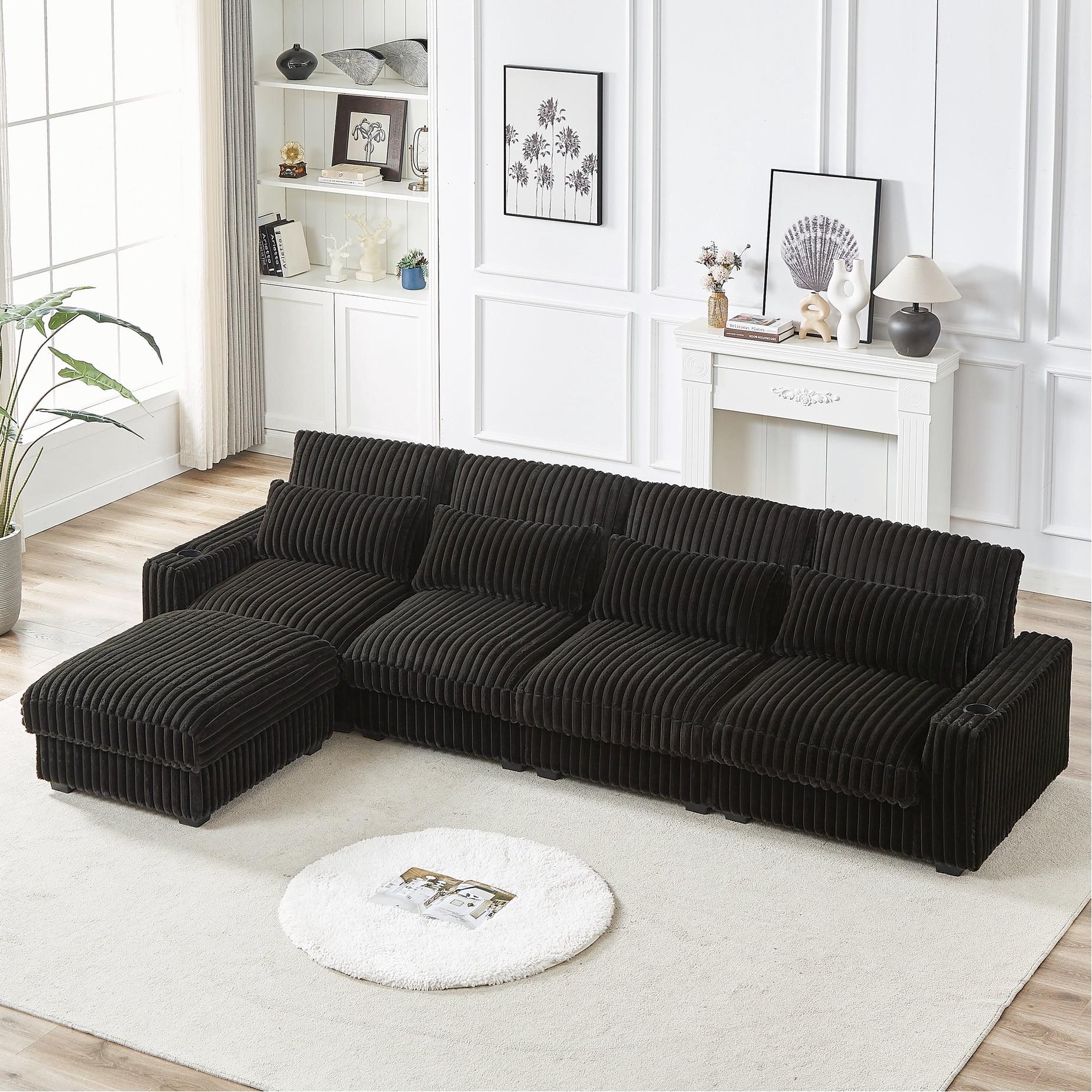 Large Corduroy L-shaped With Cup Holder And Movable Footrest, 4 Back ...