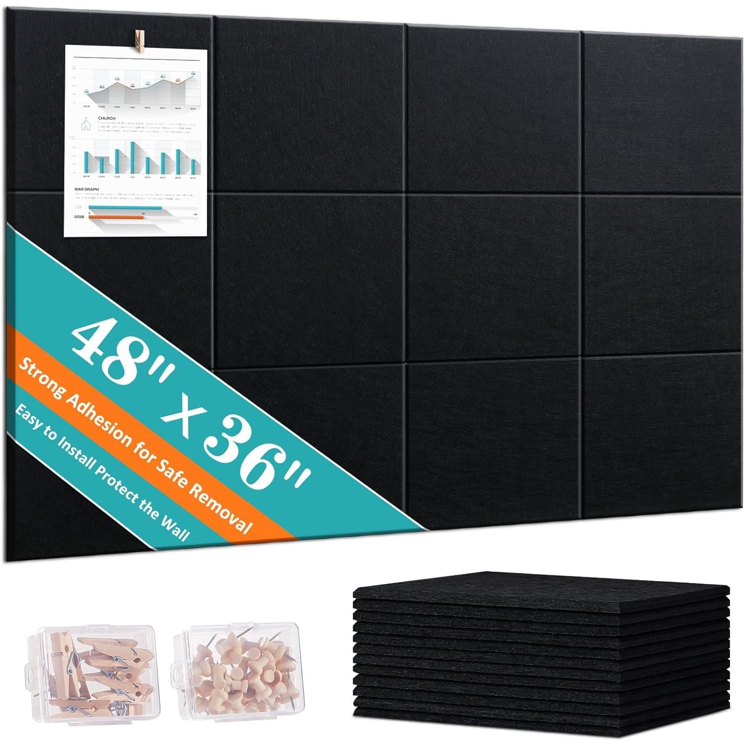 Large Cork Bulletin Board 48" x 36" - 12 Pack Black Felt Wall Tiles ...