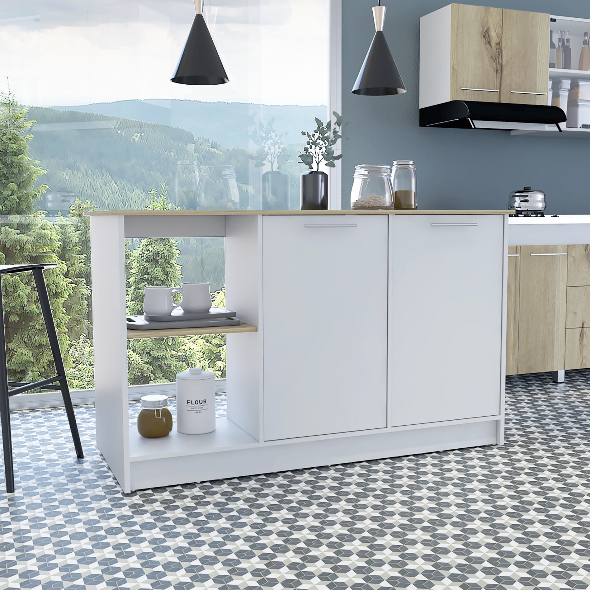 Large Countertop White Kitchen Island With Open Storage And Double Door ...