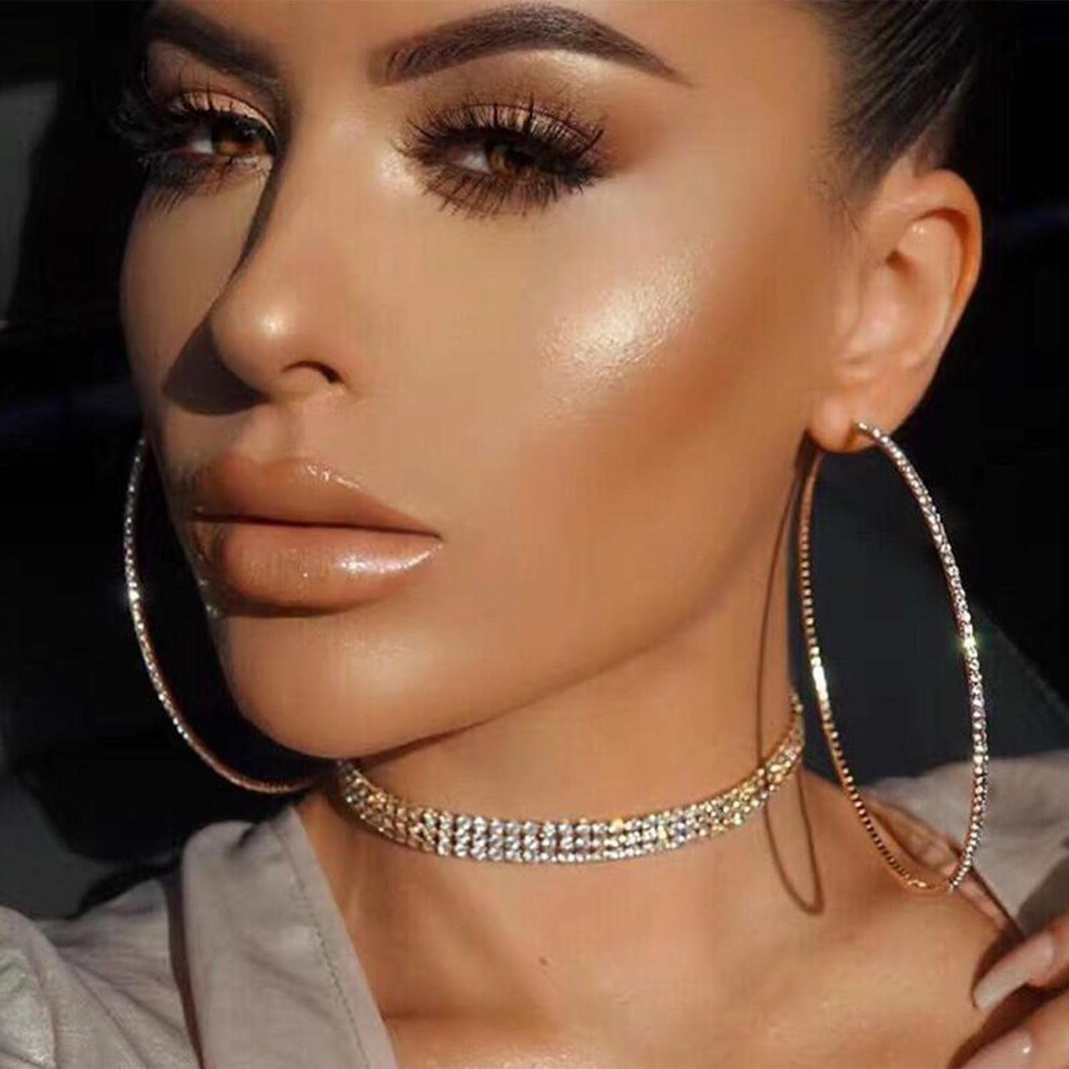 Large Crystal Hoop Drop Dangle Earrings - Silver Rhinestones Circle ...