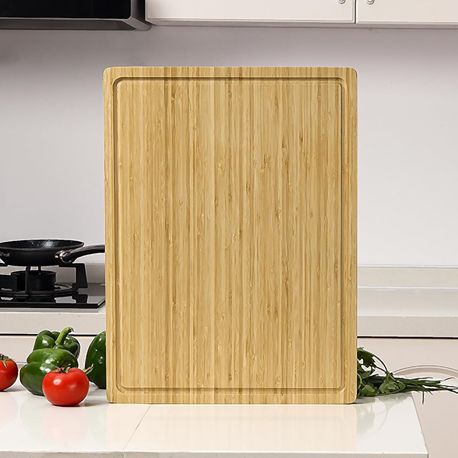 Large Cutting Boards for Kitchen, Bamboo Wood Butcher Chopping Block with Juice Groove and ...