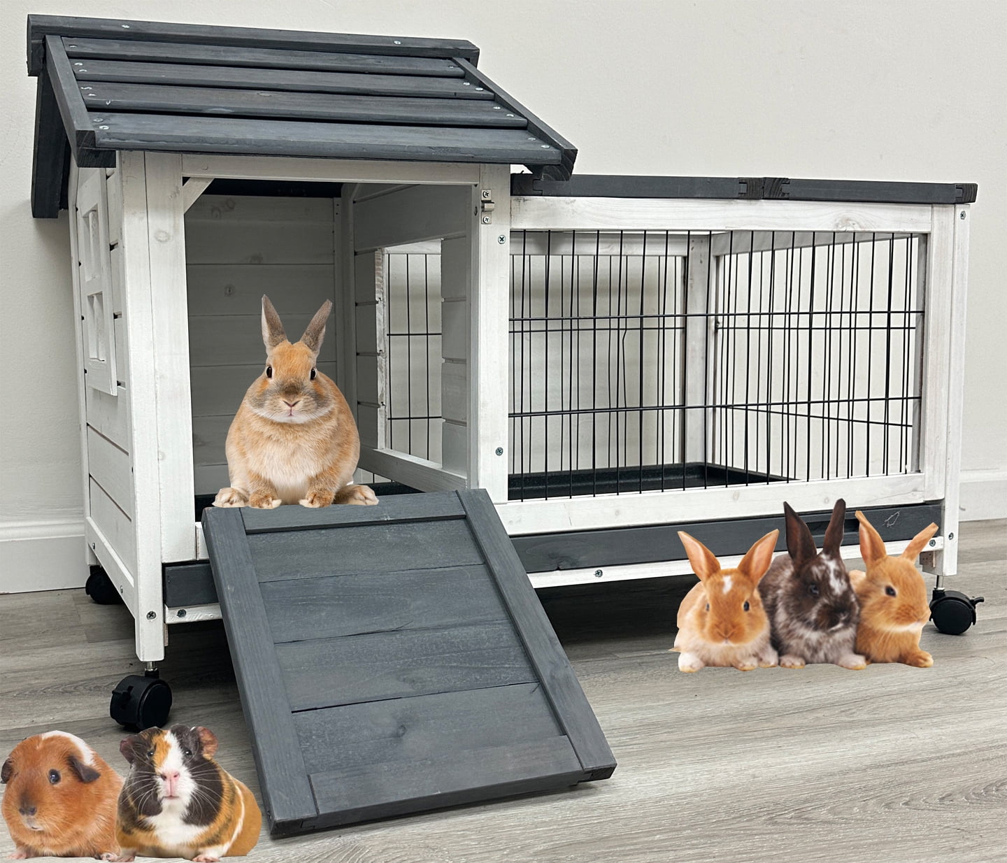 Large Deluxe In/Outdoor Guinea Pig Cage Rabbit Wooden Hutch on Rolling ...