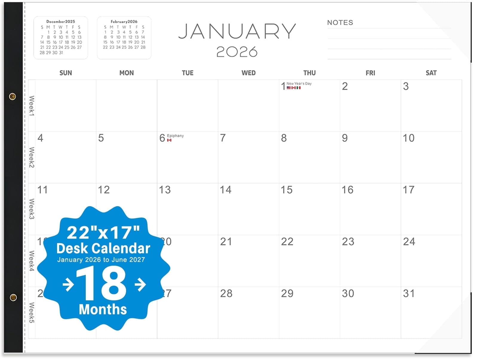 Large Desk Calendar 2026-2027, January 2026 - June 2027, 22" x 17 ...