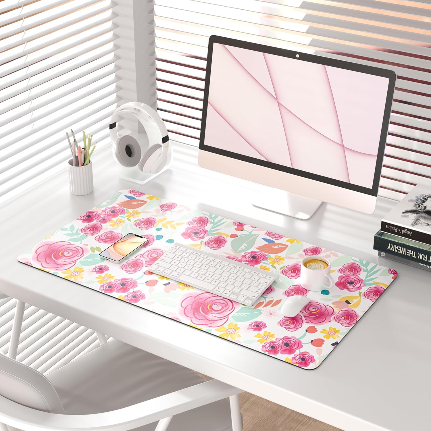 Large Desk Pad Mat, Pink Flowers Keyboard Pad PC Gaming Mouse Pad ...