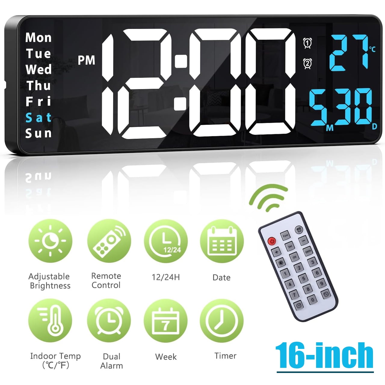 Large Digital Wall Clock, 16.5 Inch LED, Auto Brightness, Day/Date/Temp ...