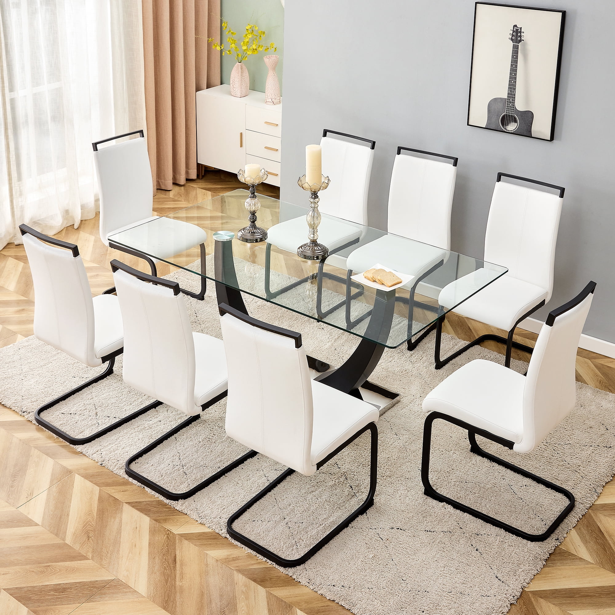 Large Dining Set: Rectangular Tempered Glass Tabletop & Black Metal ...