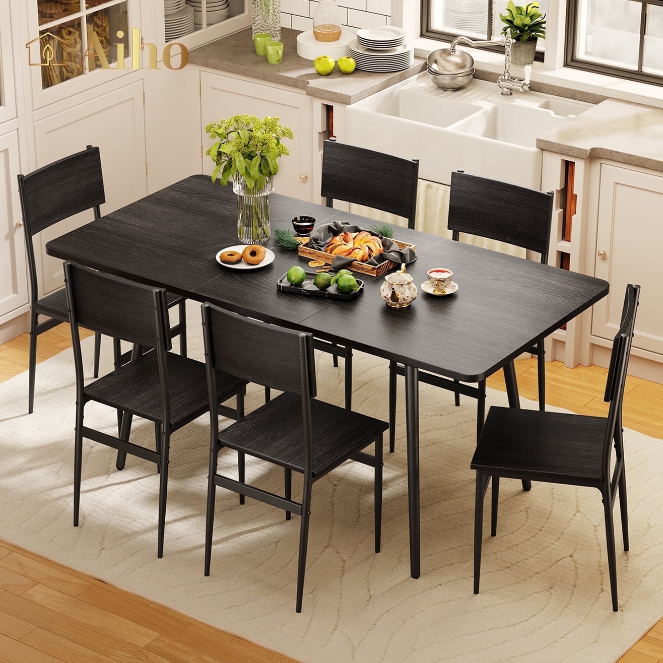 Aiho 63" 7-Piece Large Dining Table Set, Expandable Modern Kitchen ...
