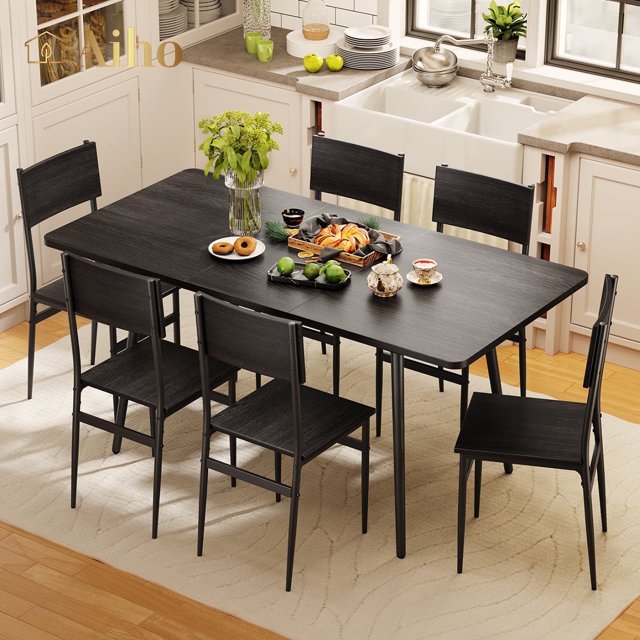 Aiho 63" 7-Piece Large Dining Table Set, Expandable Modern Kitchen ...