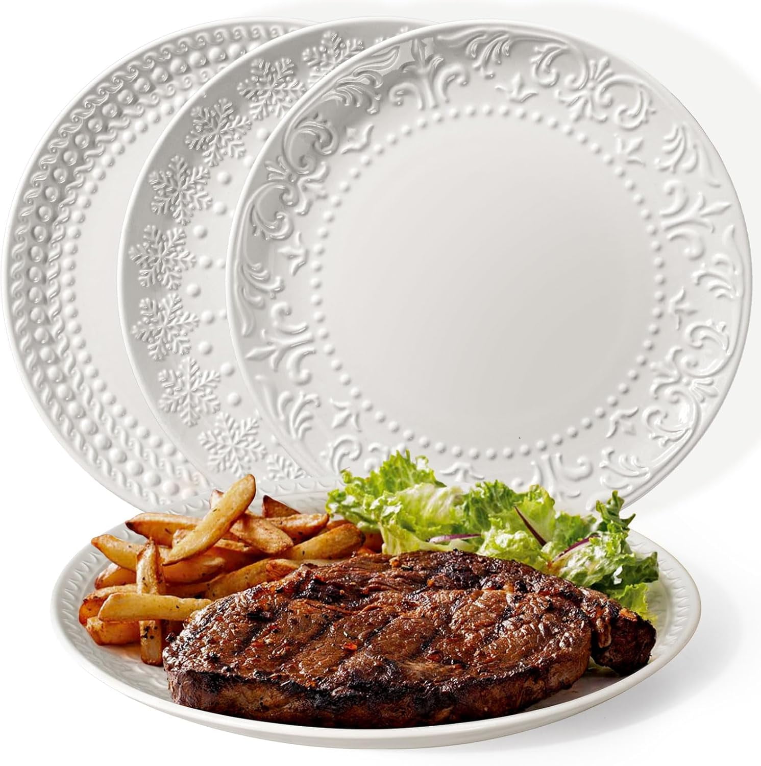 Large Dinner Plates Set of 4-10.75 Inch Ceramic Plates Embossed Salad ...