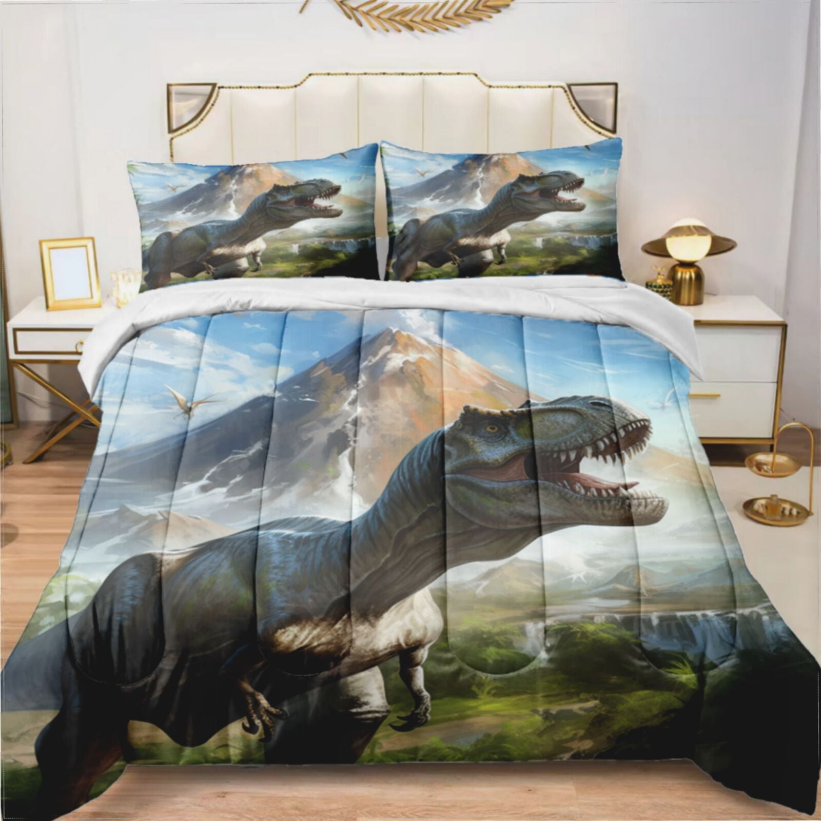 Large Dinosaurs And A River With A Volcano (1) Comforter Set With 2 ...