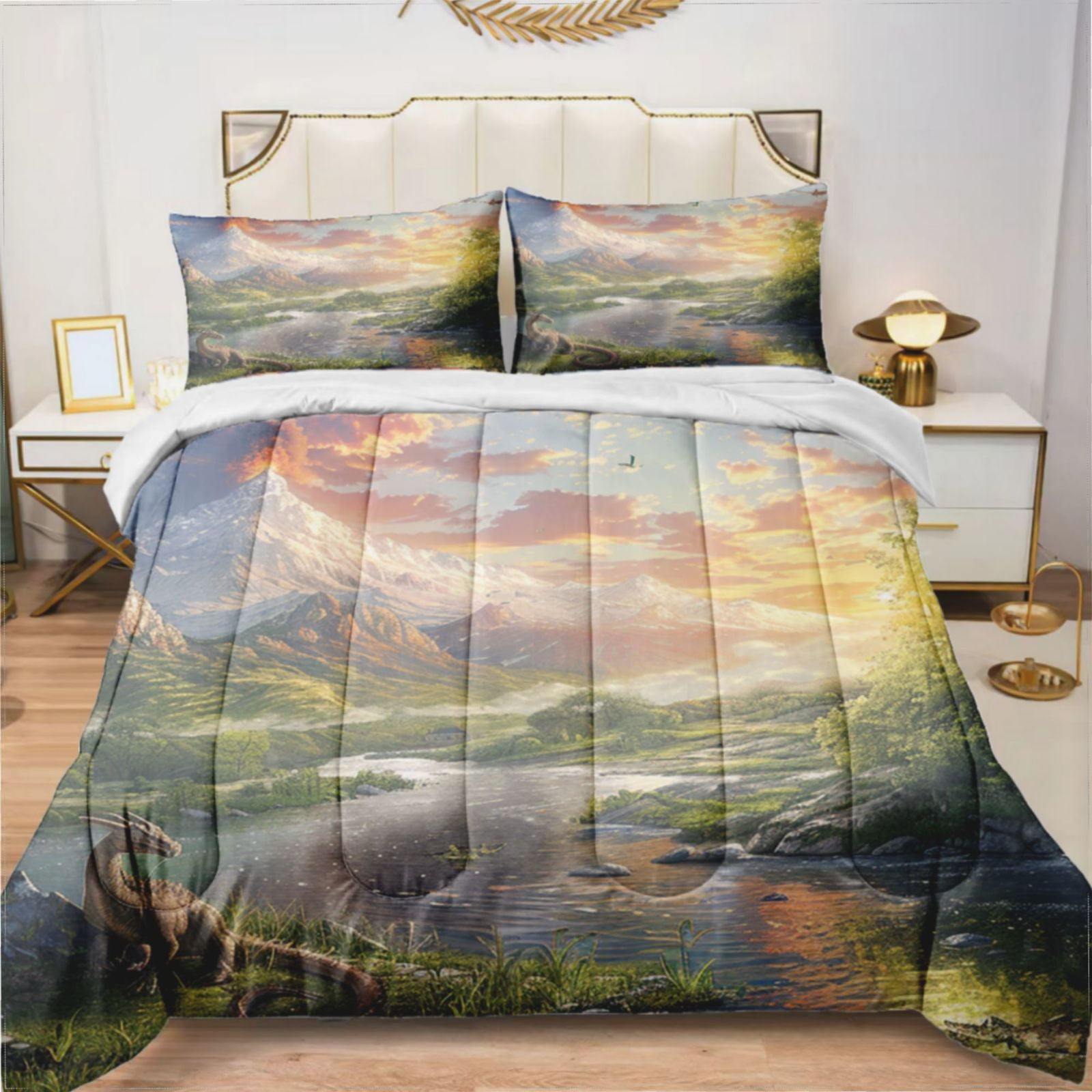 Large Dinosaurs And A River With A Volcano (14) Comforter Set With 2 ...